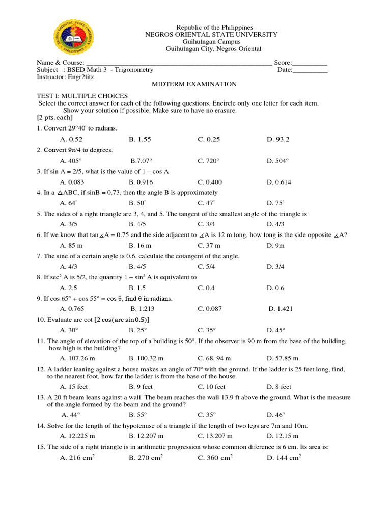 BSED Math 3 Trigonometry Midterm Exam | PDF | Trigonometric Functions ...