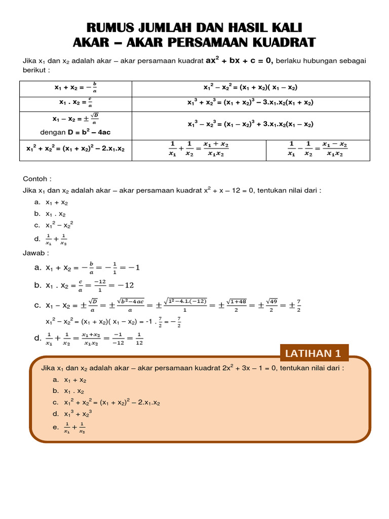 Rumus Jumlah dan Hasil Kali Akar Kuadrat | PDF