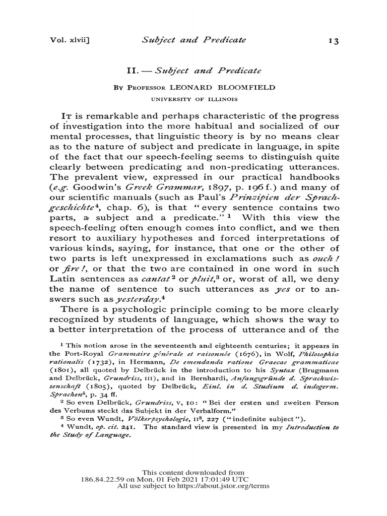 Bloomfield, L. Subject and Predicate | PDF | Subject (Grammar) | Predicate (Grammar)