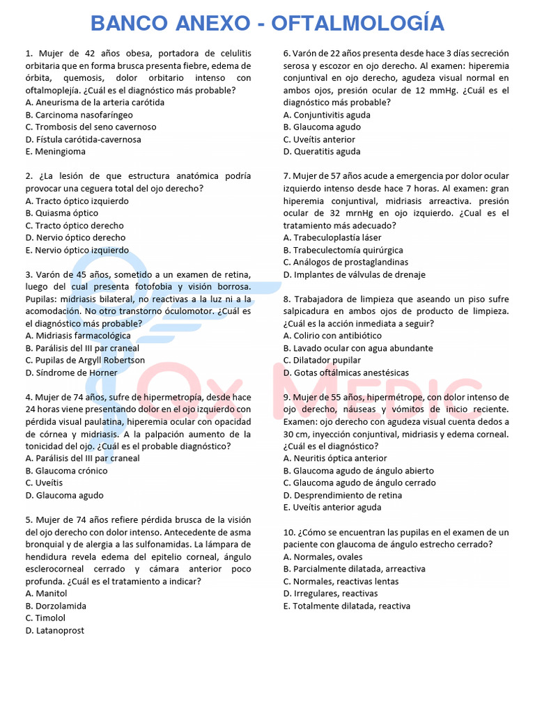 Oftalmología - Banco Anexo Sin Claves | PDF | Ojo humano | Glaucoma