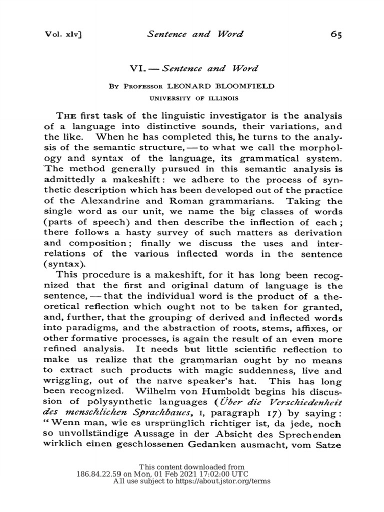Bloomfield, L. Sentence and Word | PDF | Word | Linguistics