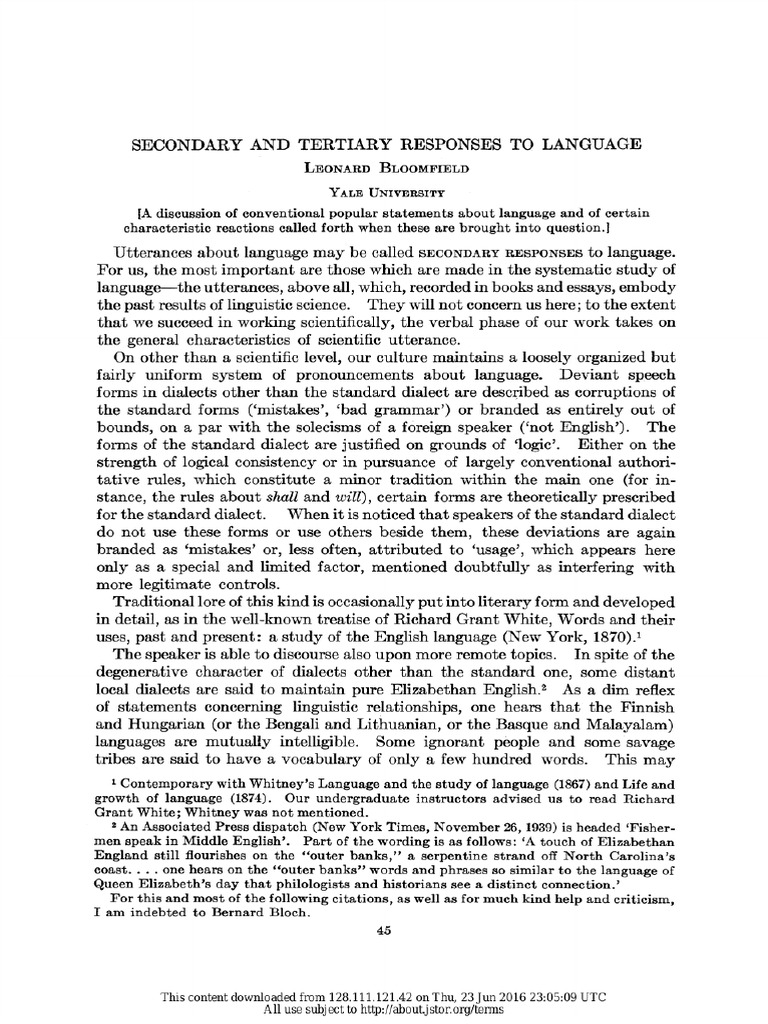 Bloomfield, L. Secondary and Tertiary Responses To Language | Download ...