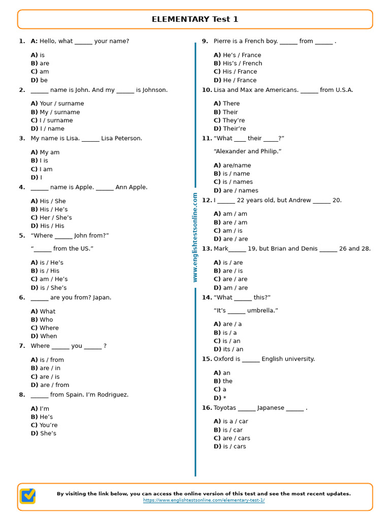 1138 - Elementary Test 1 | PDF