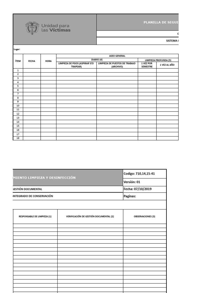 Planilla de Seguimiento Limpieza Y Desinfección: Gestión Documental Sistema Integrado de ...