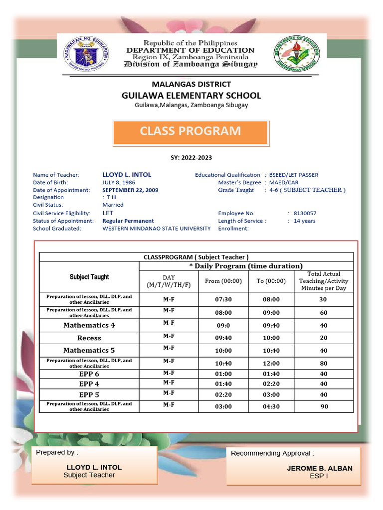 Class Program 2023-2024 | Download Free PDF | Teachers