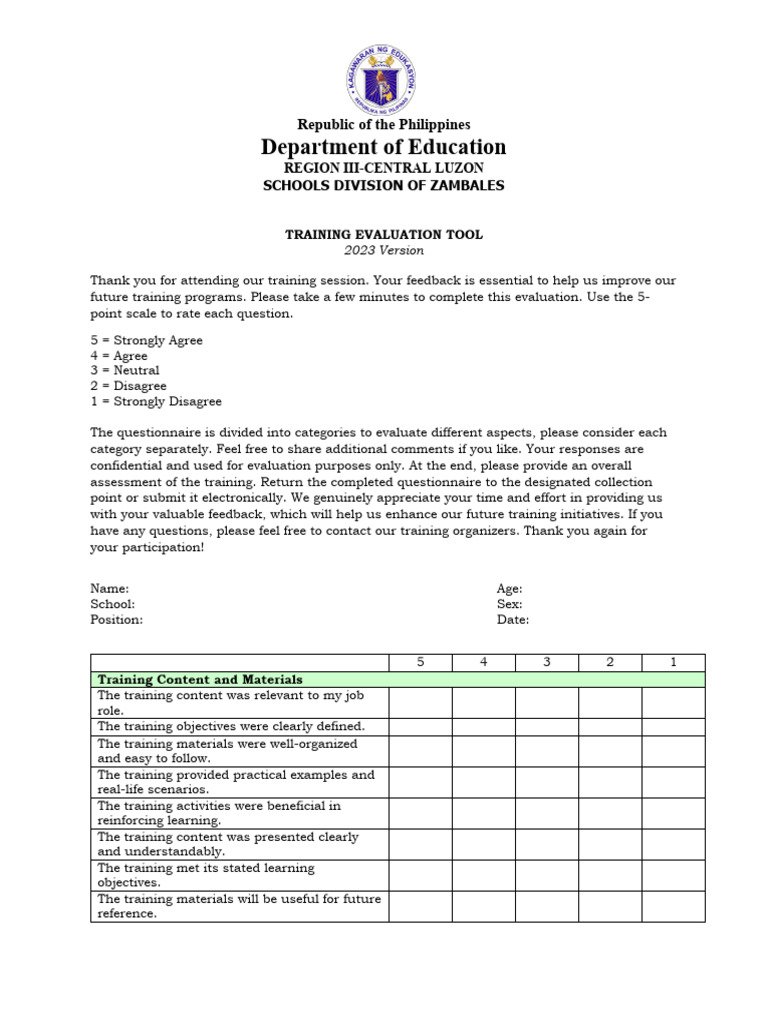 Training Evaluation Tool 2023 Version | PDF | Learning | Cognition