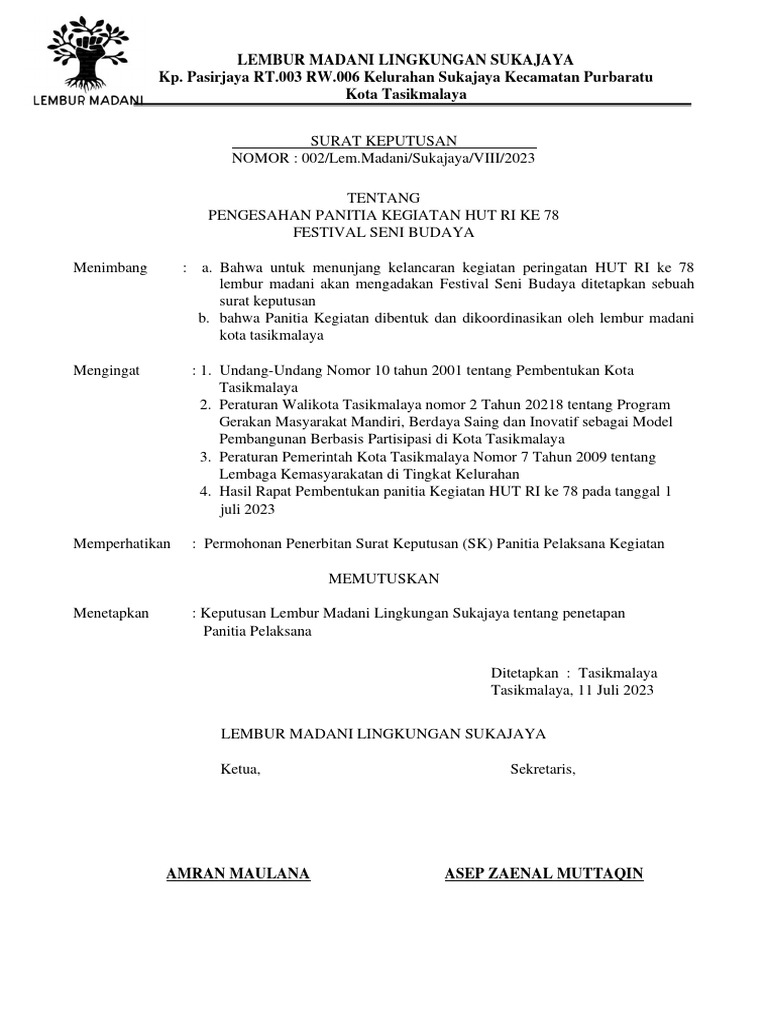 SK Panitia Hut Lembur Madani Lingkungan Sukajaya | PDF