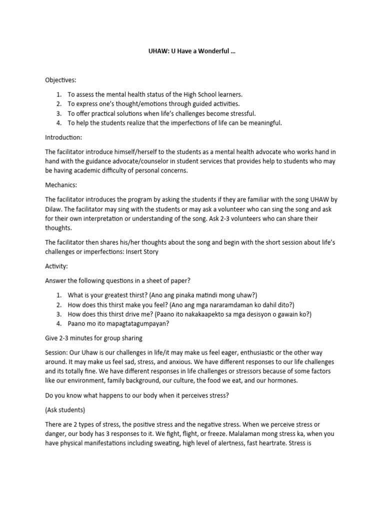 Mental Health Activity For Students | PDF | Stress (Biology) | Emotions