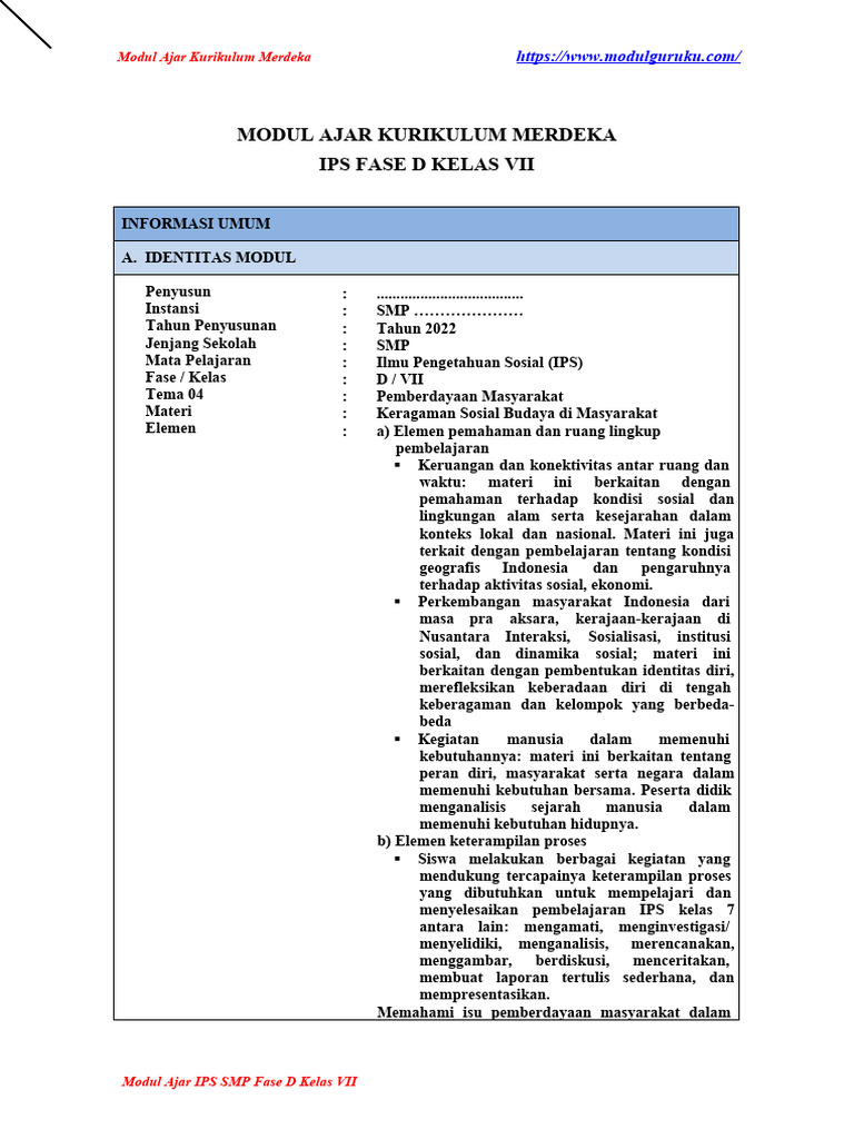 Modul Ajar IPS Kelas 7 SMP Fase D Tema 04 Pemberdayaan Masyarakat | PDF | Karier & Perkembangan ...