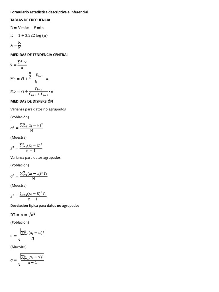 Formulario Estadística Descriptiva e Inferencial | PDF | Intervalo de confianza | Desviación ...