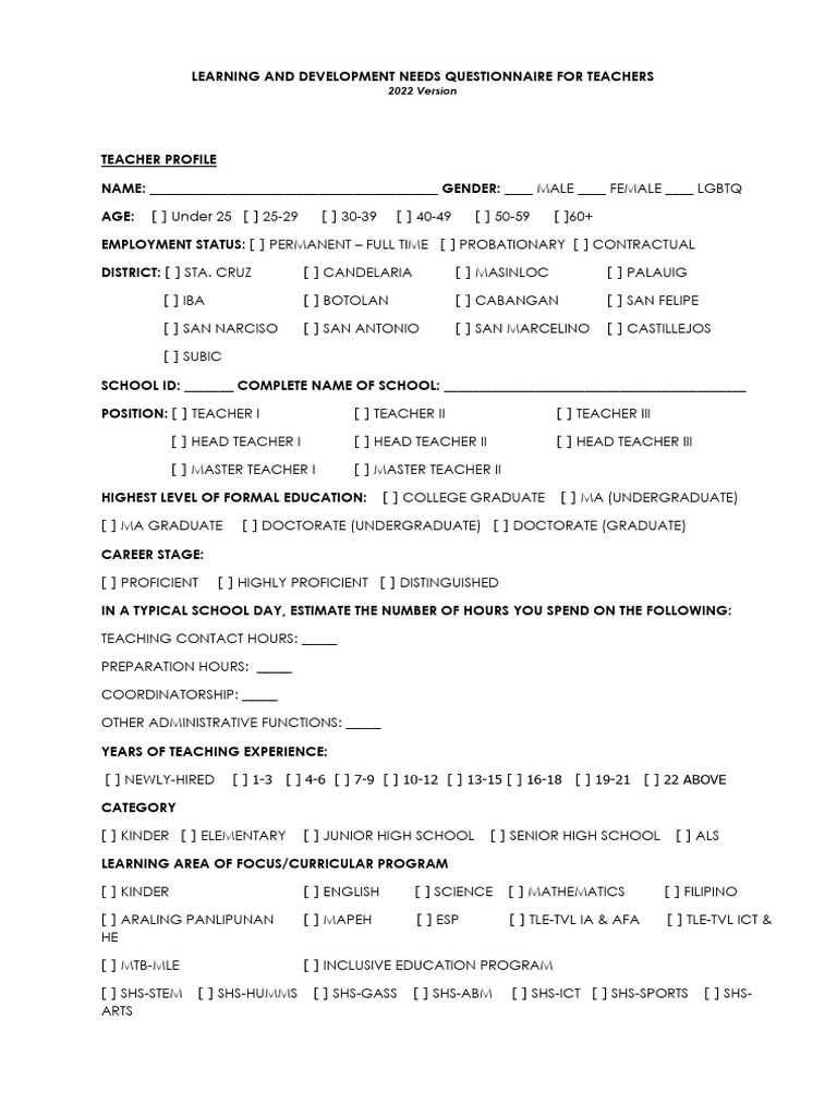 Learning and Development Needs Questionnaire For Teachers-2022 Version ...