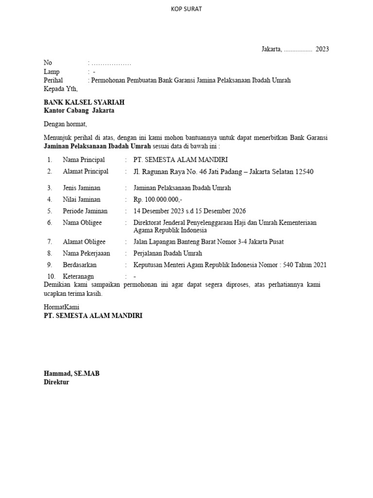 Draf Perm-Bank - PT. Semesta Alam Mandiri - BB - NJ 100-JT | PDF ...