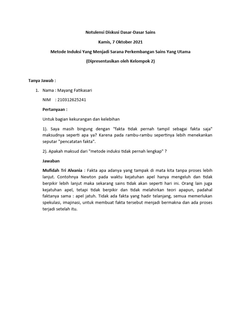 Notulensi Tanya Jawab Kel. 2 Dasar-Dasar Sains | PDF