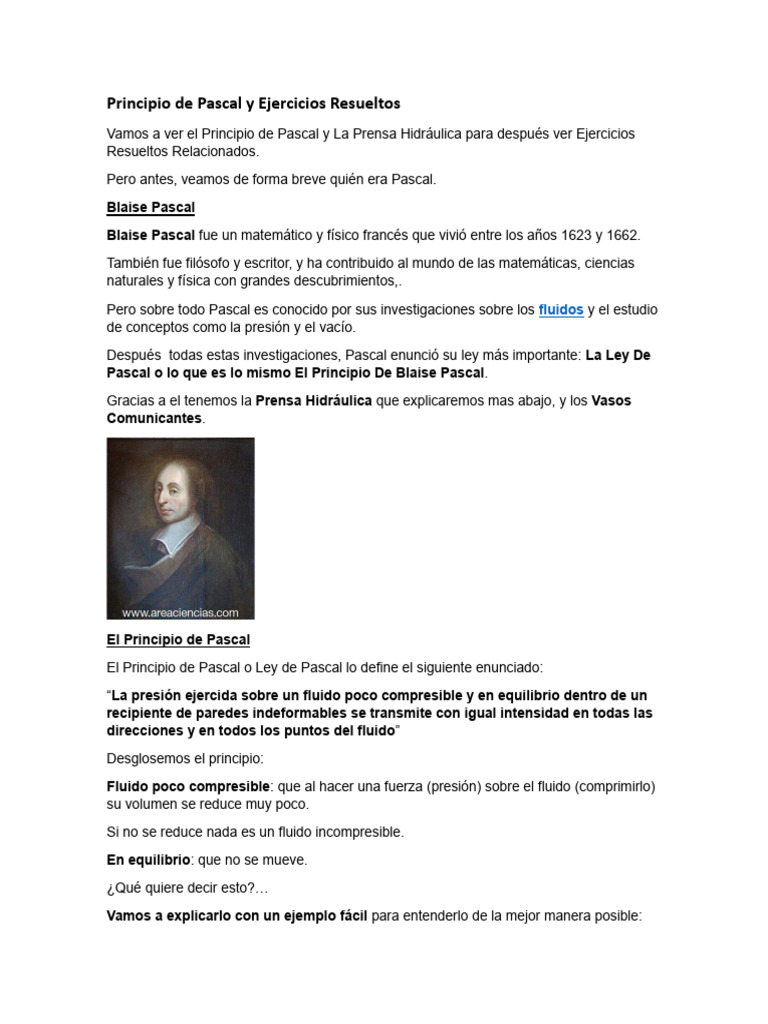 Principio de Pascal y Ejercicios Resueltos | PDF | Mecánica de fluidos | Mecánica de Medios ...