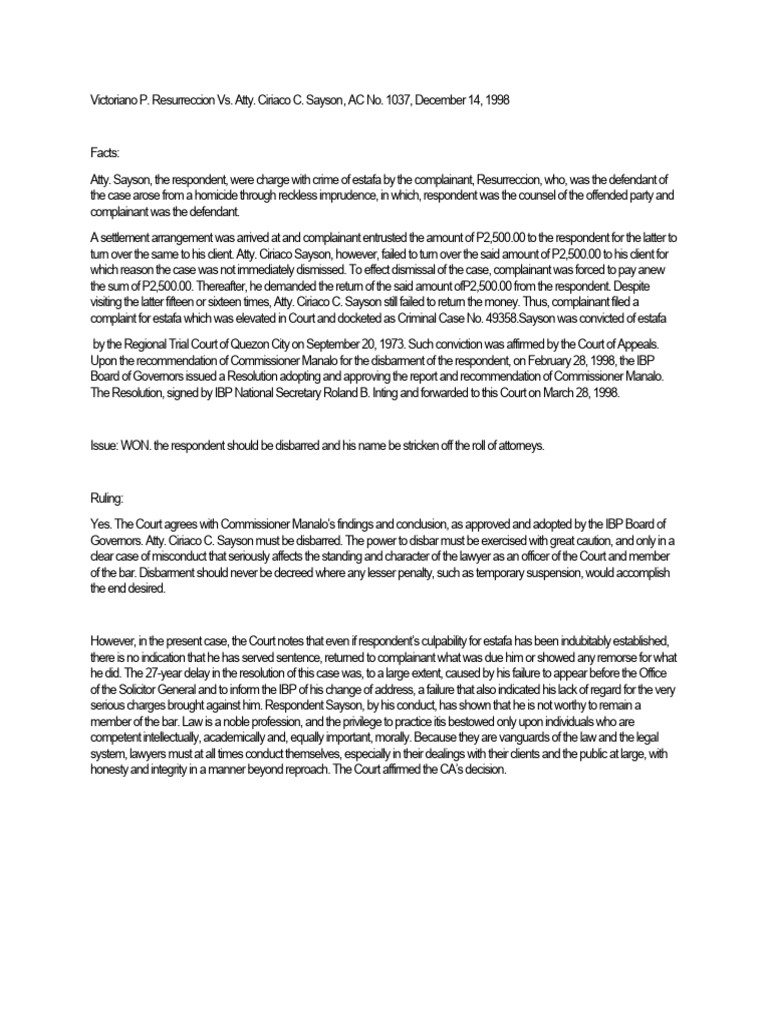 Victoriano P. Resurreccion vs. Atty. Ciriaco C. Sayson | PDF | Disbarment | Lawyer