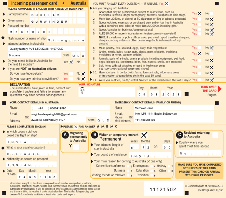 Australian Customs Declaration Form | PDF | Australia