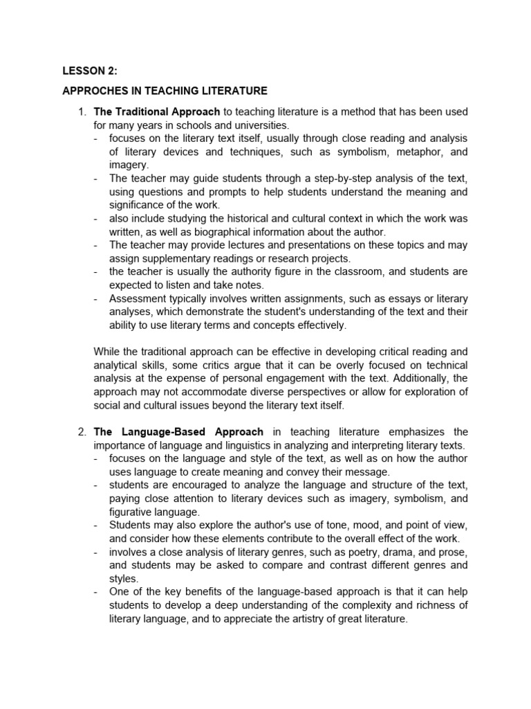 Lesson 1 APPROCHES IN TEACHING LITERATURE | PDF | Reading Comprehension ...