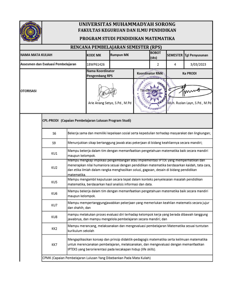 RPS Asesmen Dan Evaluasi Pembelajaran | PDF | Karier & Perkembangan