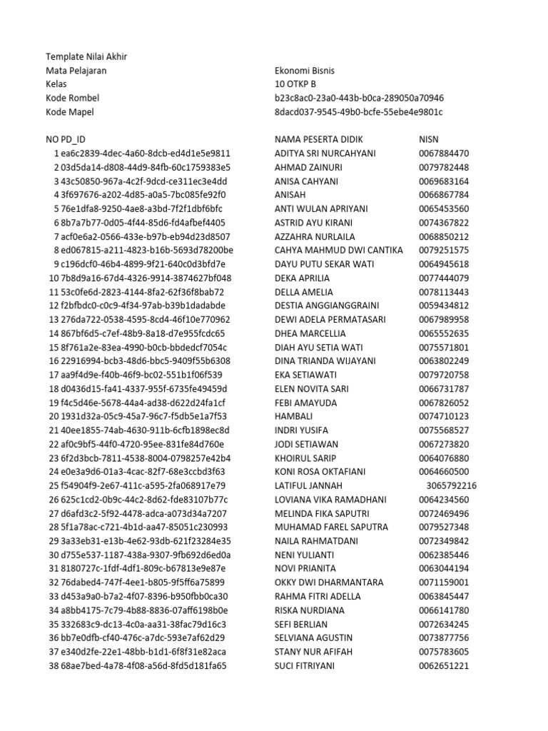 Template Nilai Akhir Mata Pelajaran Ekonomi Bisnis Kelas 10 OTKP B | PDF