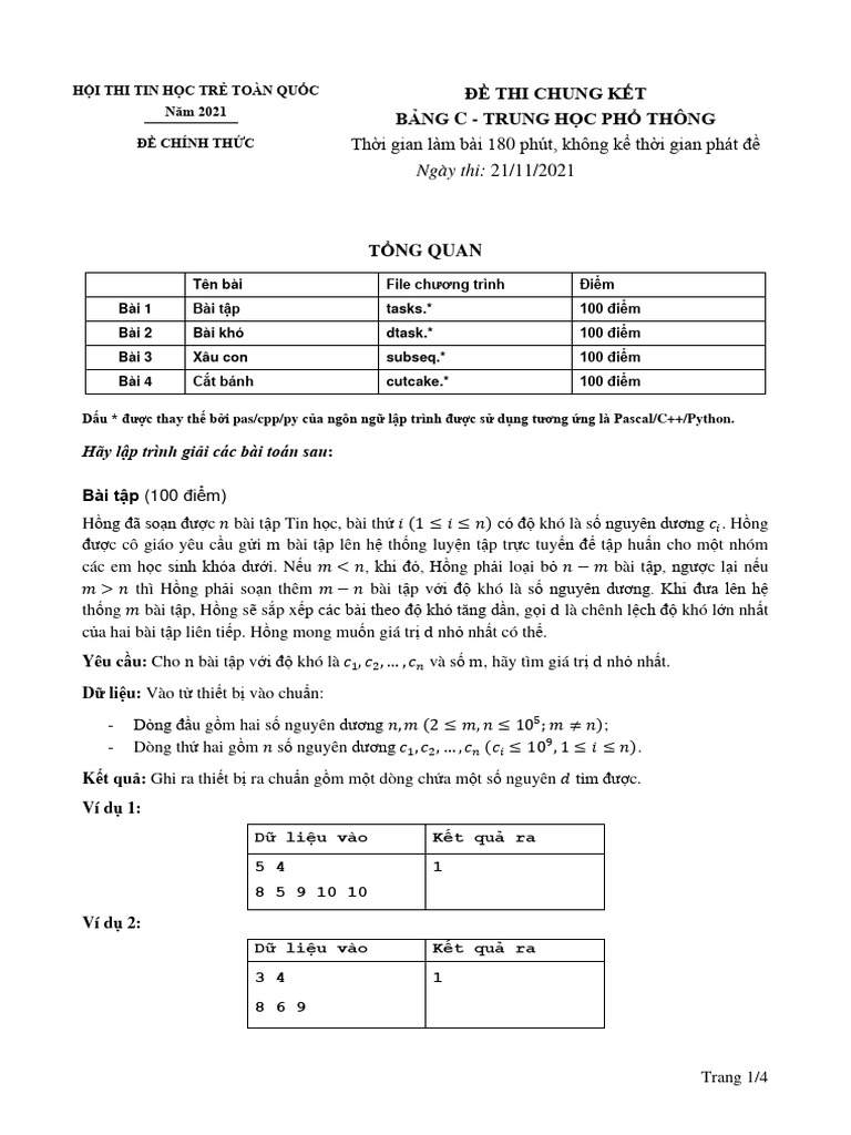 Đề Thi Chung Kết QG 2021 Bảng C | PDF