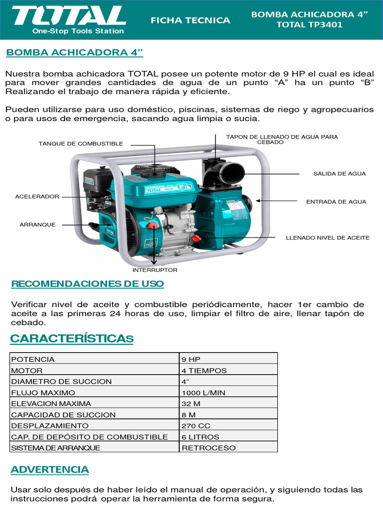 Ficha Tecnica Bomba Achicadora de 4 PLG TP3401 | PDF