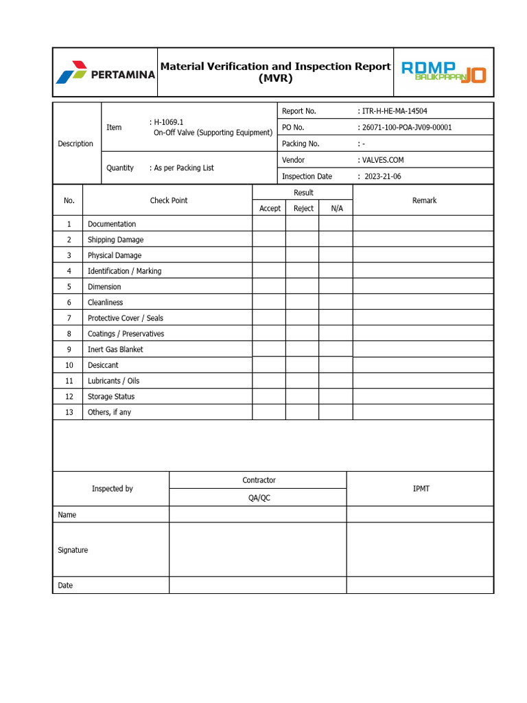 Material Verification and Inspection Report (MVR) | PDF