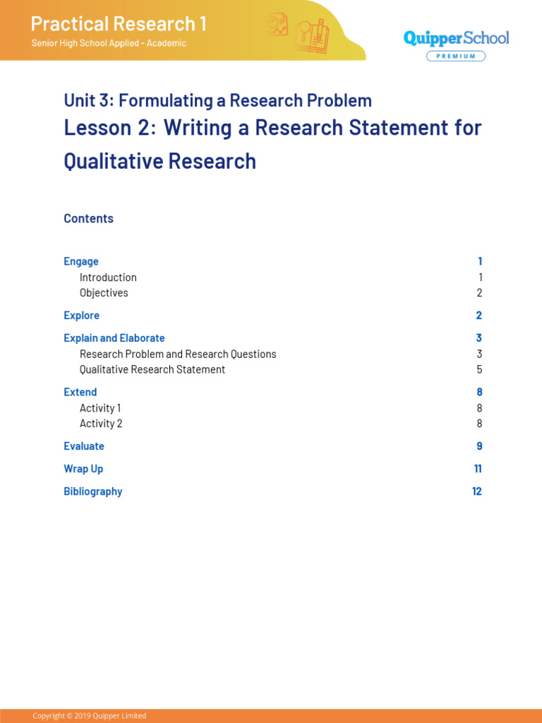 FINAL SG PR1!11!12 UNIT 3 LESSON 2 Writing A Research Statement For Qualitative Research | PDF ...