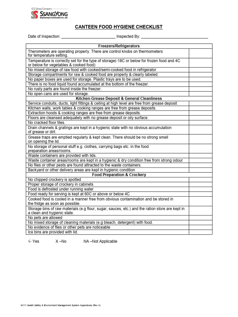 Canteen Food Hygiene Inspection Checklist | PDF | Refrigerator | Hygiene