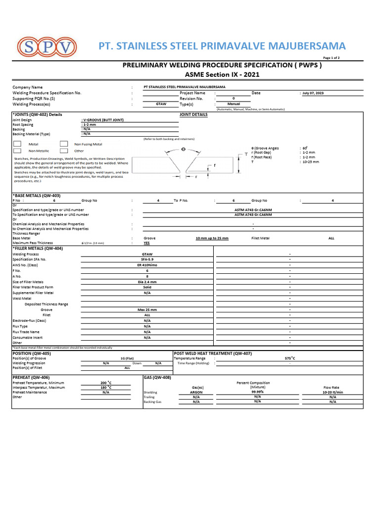 Pt. Stainless Steel Primavalve Majubersama: ASME Section IX - 2021 Preliminary Welding Procedure ...