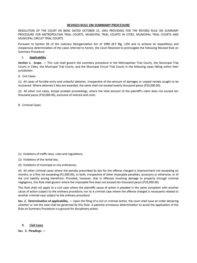 Revised Summary Procedure Rules 1991 | PDF | Complaint | Lawsuit