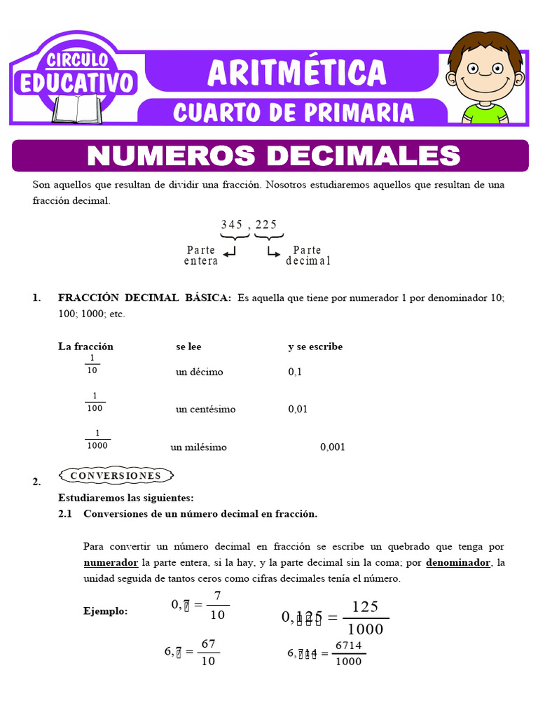 Numeros Decimales para Cuarto de Primaria | Descargar gratis PDF ...