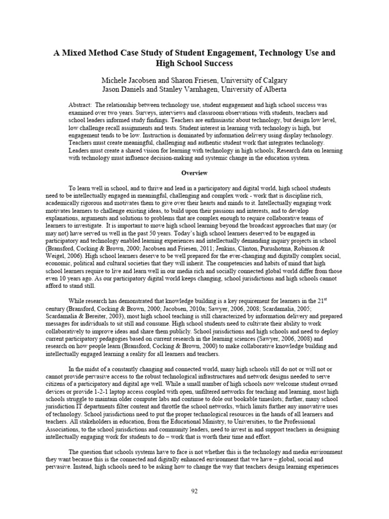 A Mixed Method Case Study of Student Engagement, Technology, Use and ...