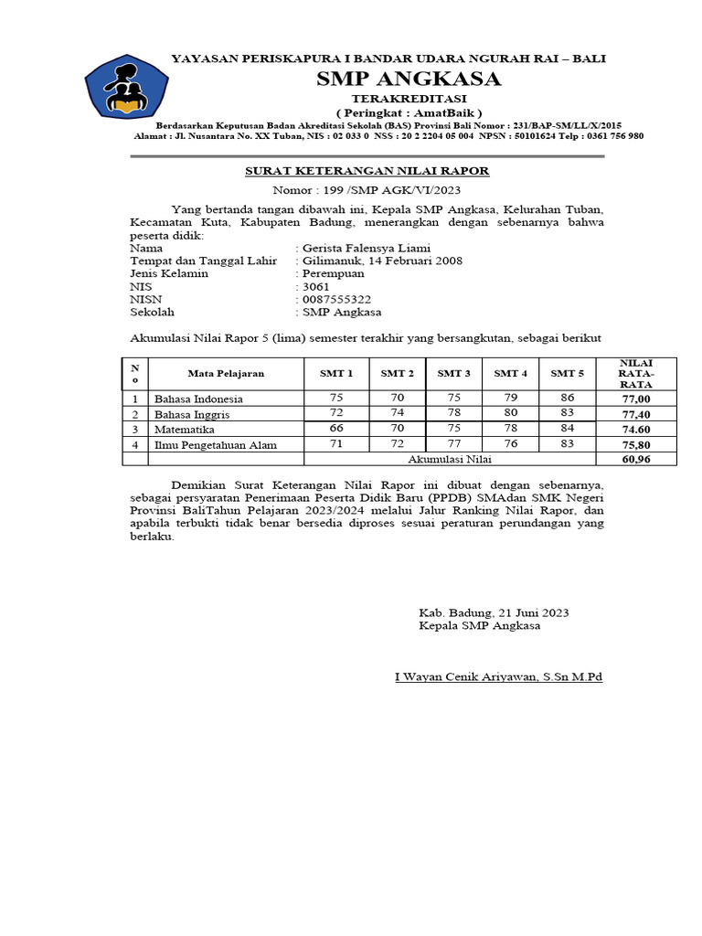 Surat Keterangan Nilai Rapor | PDF