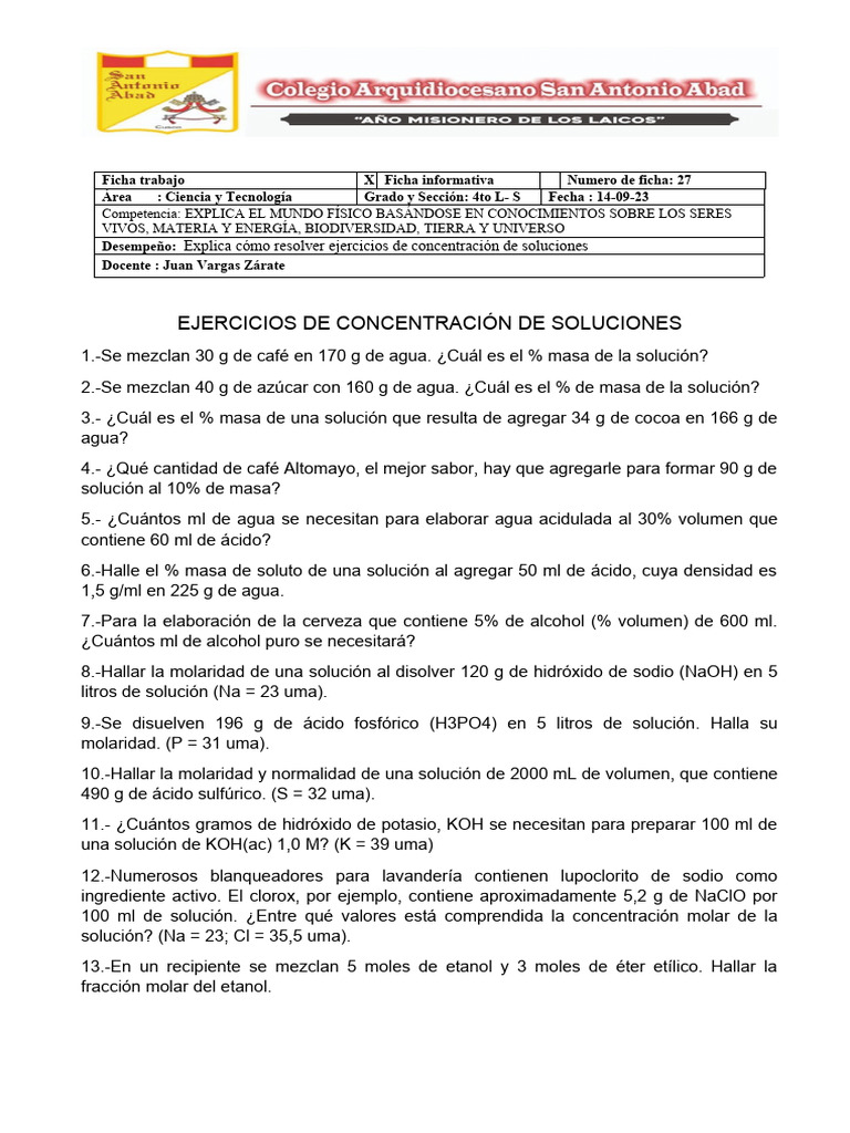 Ejercicios de Concentracion de Soluciones-2023-SAA | Descargar gratis PDF | Concentración | Química