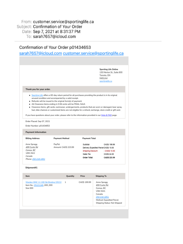 Sporting Life Order Confirmation | PDF | Receipt | Service Industries