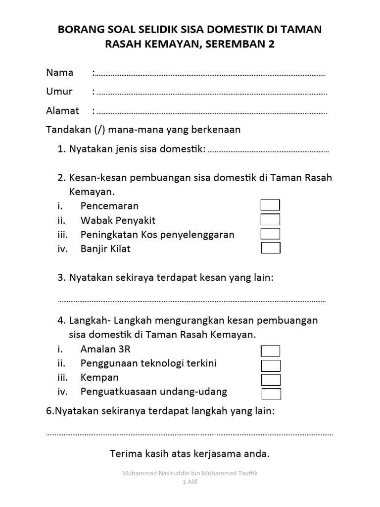Borang Soal Selidik Sisa Domestik Di Taman Rasah Kemayan | PDF