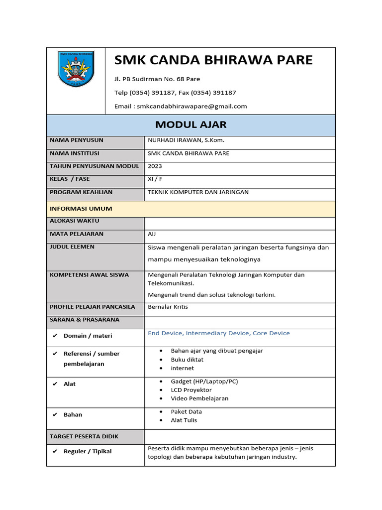 1.5-AIJ5 Form Modul Ajar Konsentrasi Keahlian - TKJ Smkcbpare | PDF 1.5-AIJ5 Form Modul Ajar Konsentrasi Keahlian - TKJ Smkcbpare | PDF