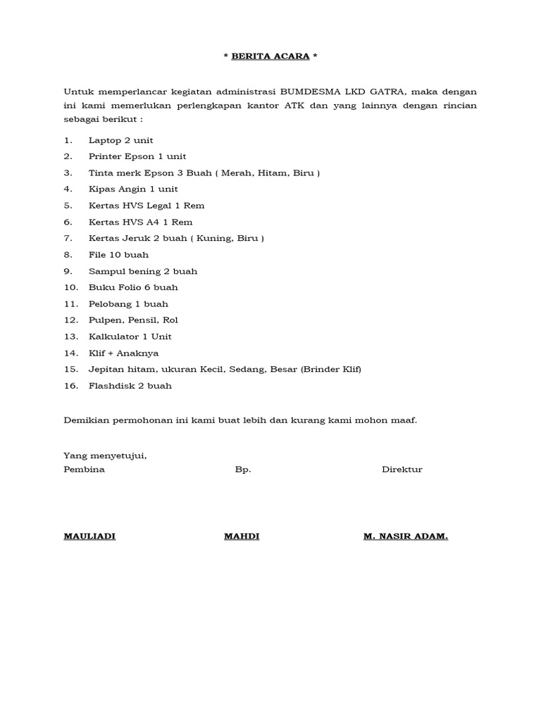 Berita Acara Pengadaan Barang Kantor Pdf