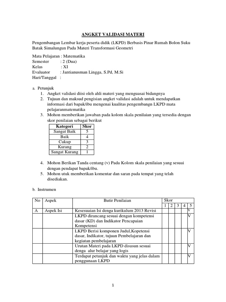 ANGKET VALIDASI MATERI LKPD Jantianusman Lingga, S.PD, M.Si | PDF