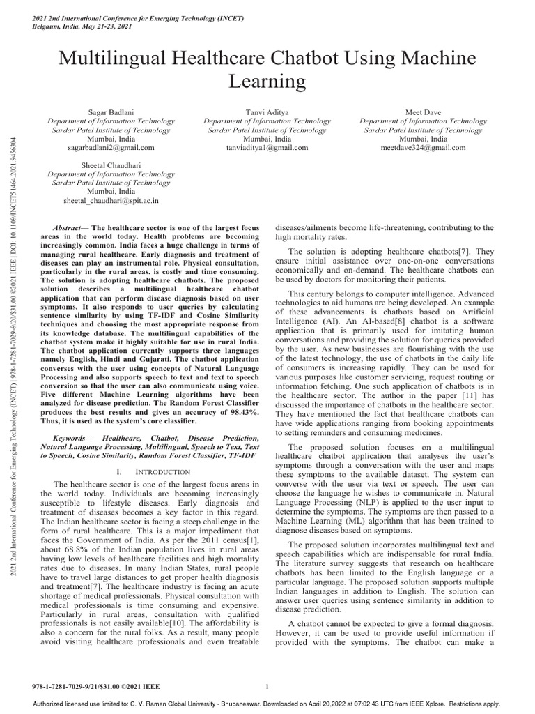 Multilingual Healthcare Chatbot Using Machine Learning | PDF | Statistical Classification ...