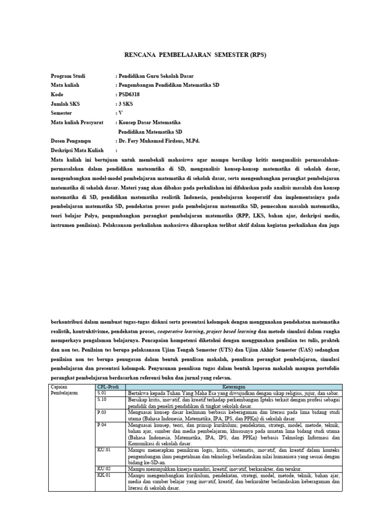 RPS Pengembangan Pendidikan Matematika SD | PDF