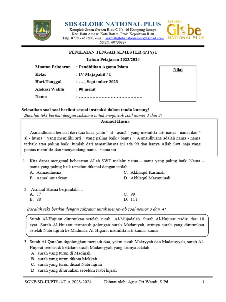 Soal PTS Kelas 4 | PDF