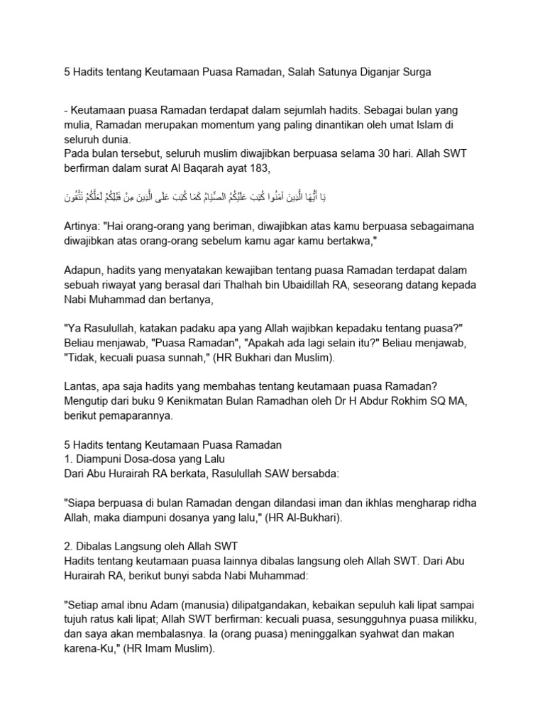 5 Hadits Keutamaan Puasa Ramadan | PDF | Agama & Spiritualitas