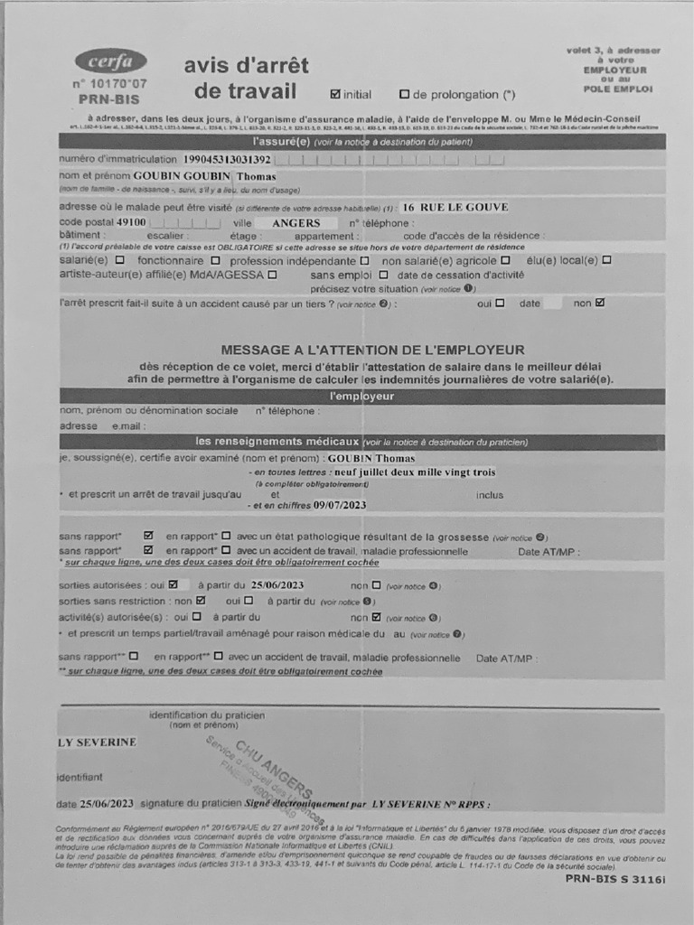 Arrêt de Travail Volet 3 | PDF