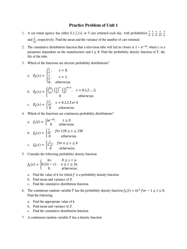 Practice Problem of Unit 1 | PDF | Probability Distribution | Probability Density Function