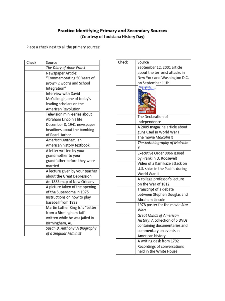 Primary Vs Secondary Source Worksheet | PDF | The United States