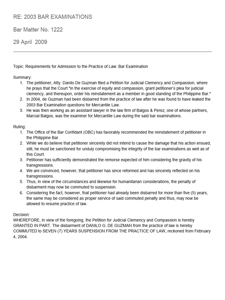 Case Digest B.M. No. 1222 RE - 2003 BAR EXAMINATIONS | PDF