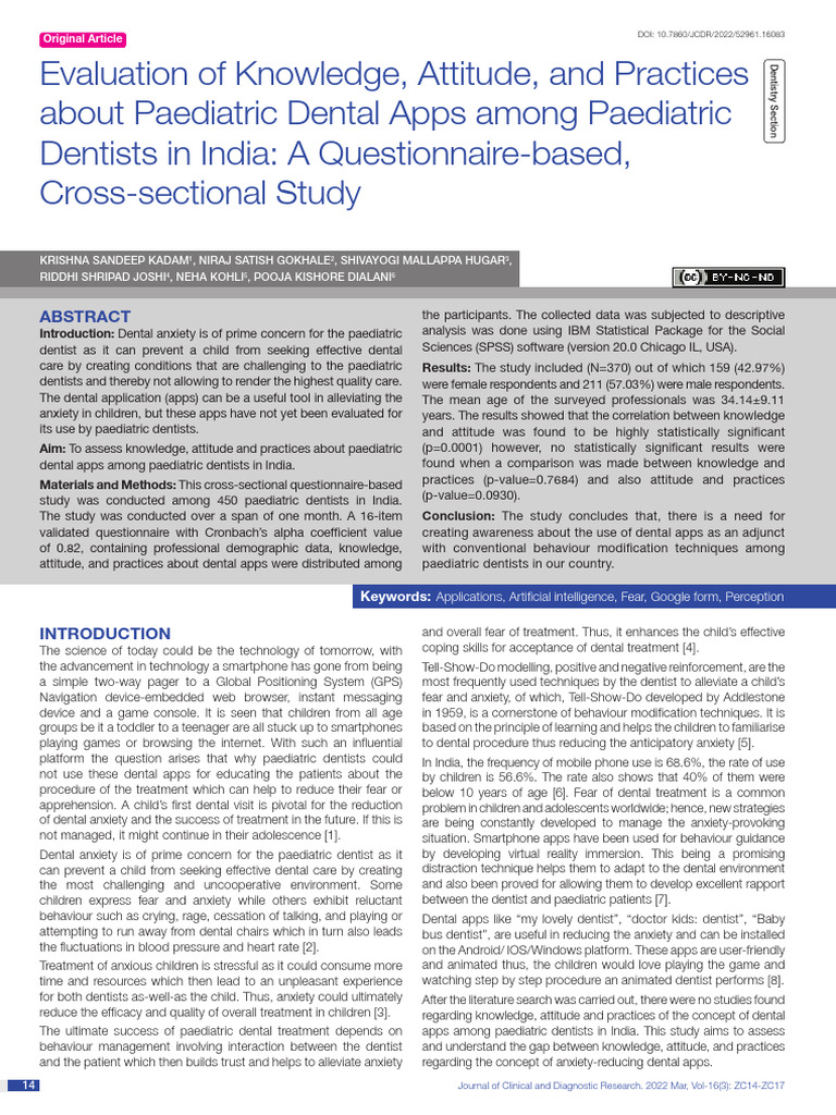 Assessment of Knowledge Attitude Practice About Perdiatric Apps Among Pediatric Dentist in India ...