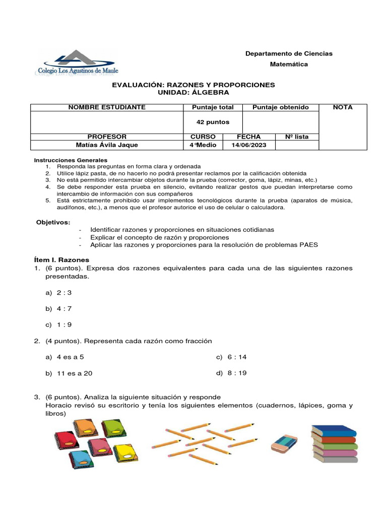 Prueba 3 - Razones y Proporciones | PDF | Lápiz