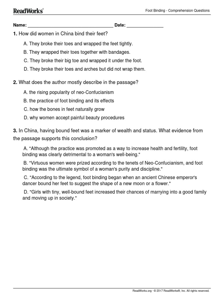 Foot Binding Quiz and Answer Key | PDF | Foot